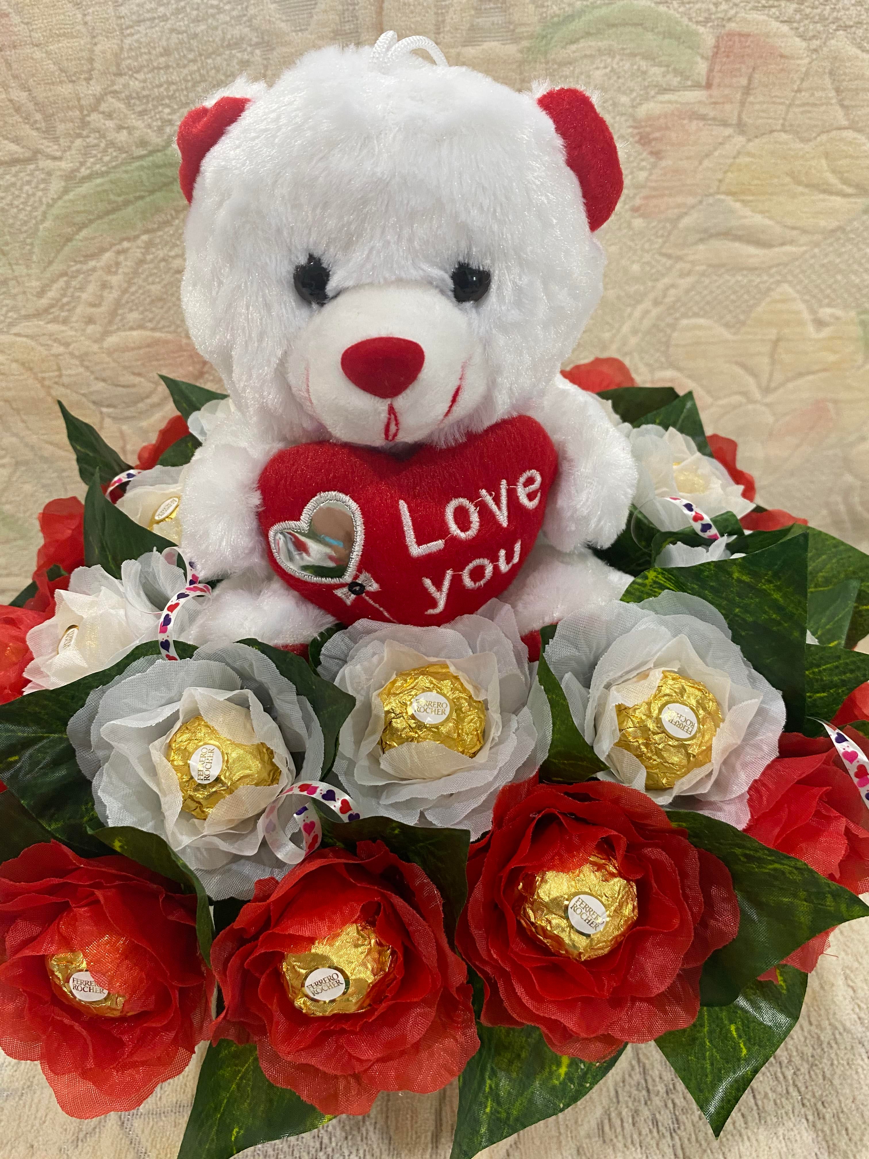 Teddy with white & Red Rocher Roses – HiWish Gifts